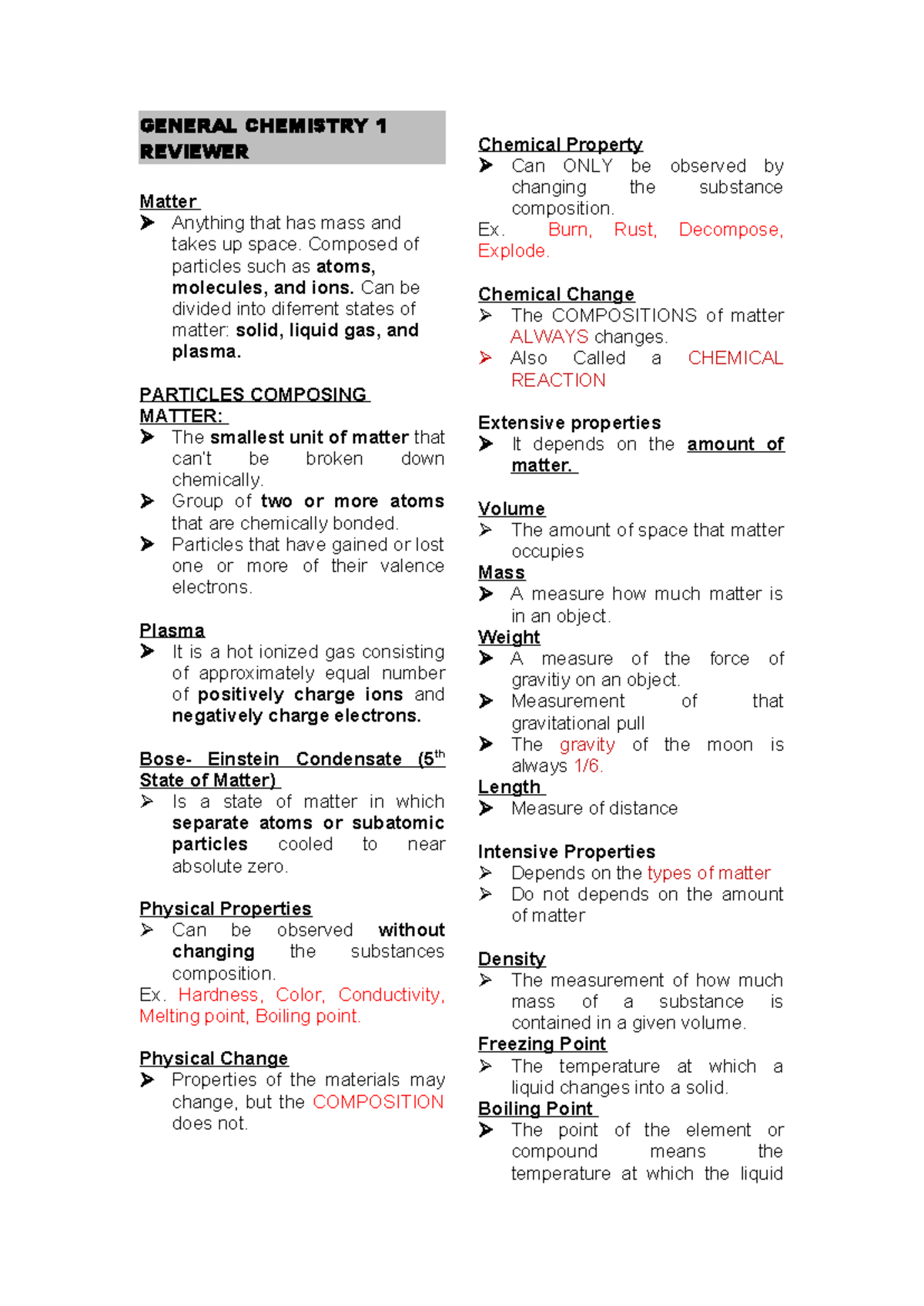 GENERAL CHEMISTRY 1 FINAL REVIEW: Matter, Properties, and Changes - Studocu