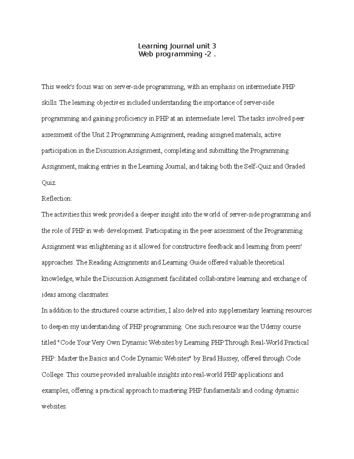 Unit 3 Learning Journal: Mastering Intermediate PHP Concepts - Studocu