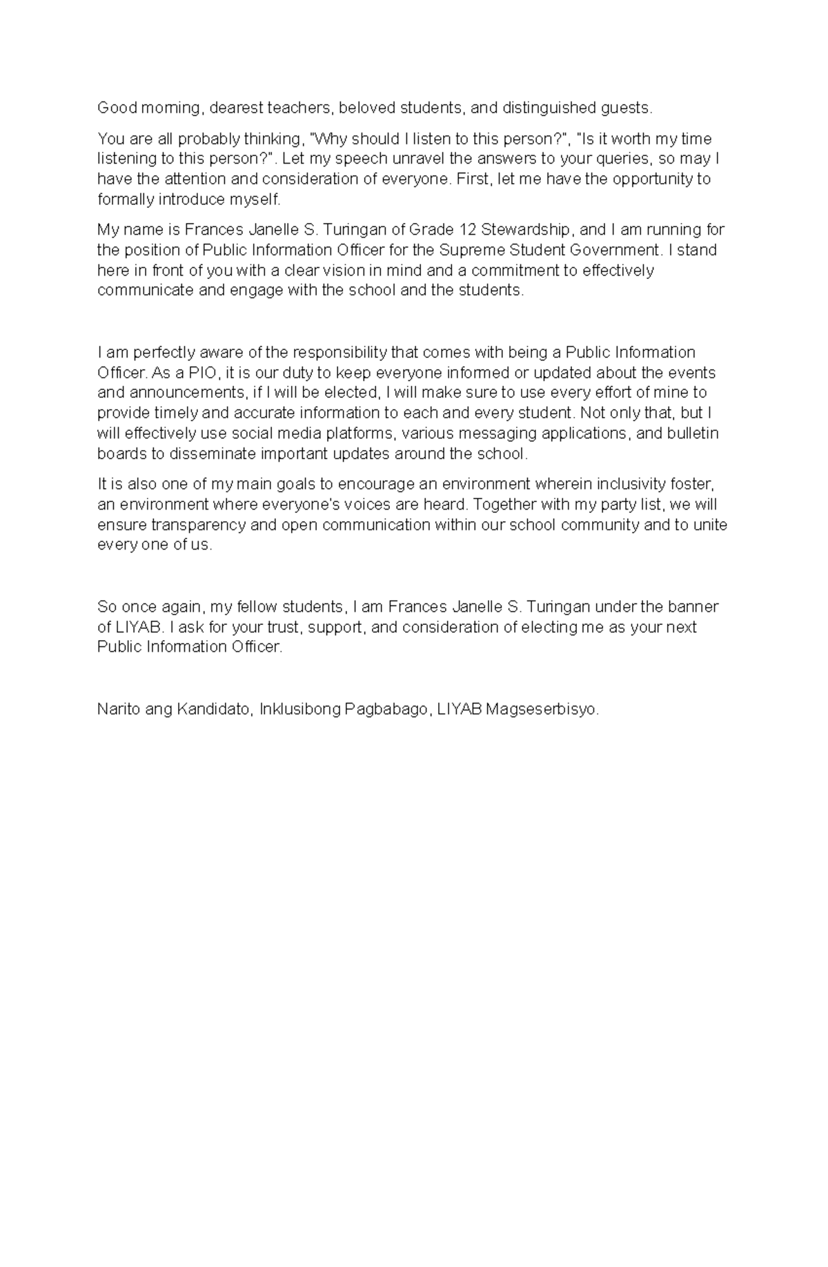 Grade 12 Ssg Speech: Frances Janelle Turingan's PIO Campaign - Studocu