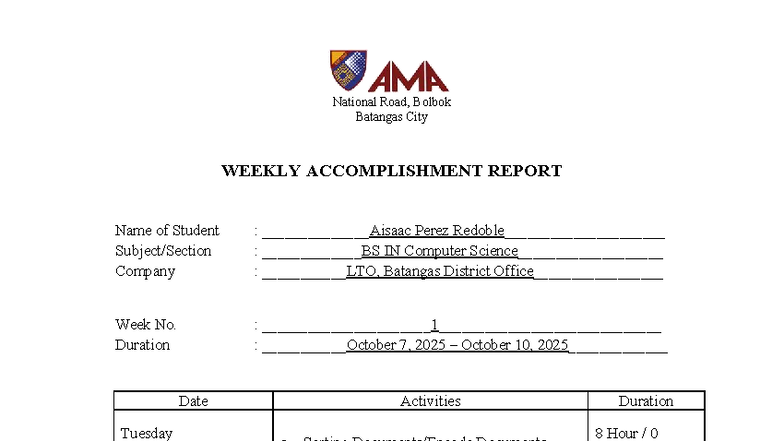 Weekly-Accomplishment-Report Week-1 - National Road, Bolbok Batangas ...