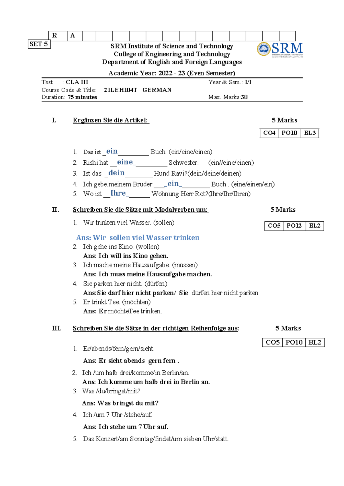 21LEH104T German Practice Paper for CLA III Year & Sem. I/I - Studocu