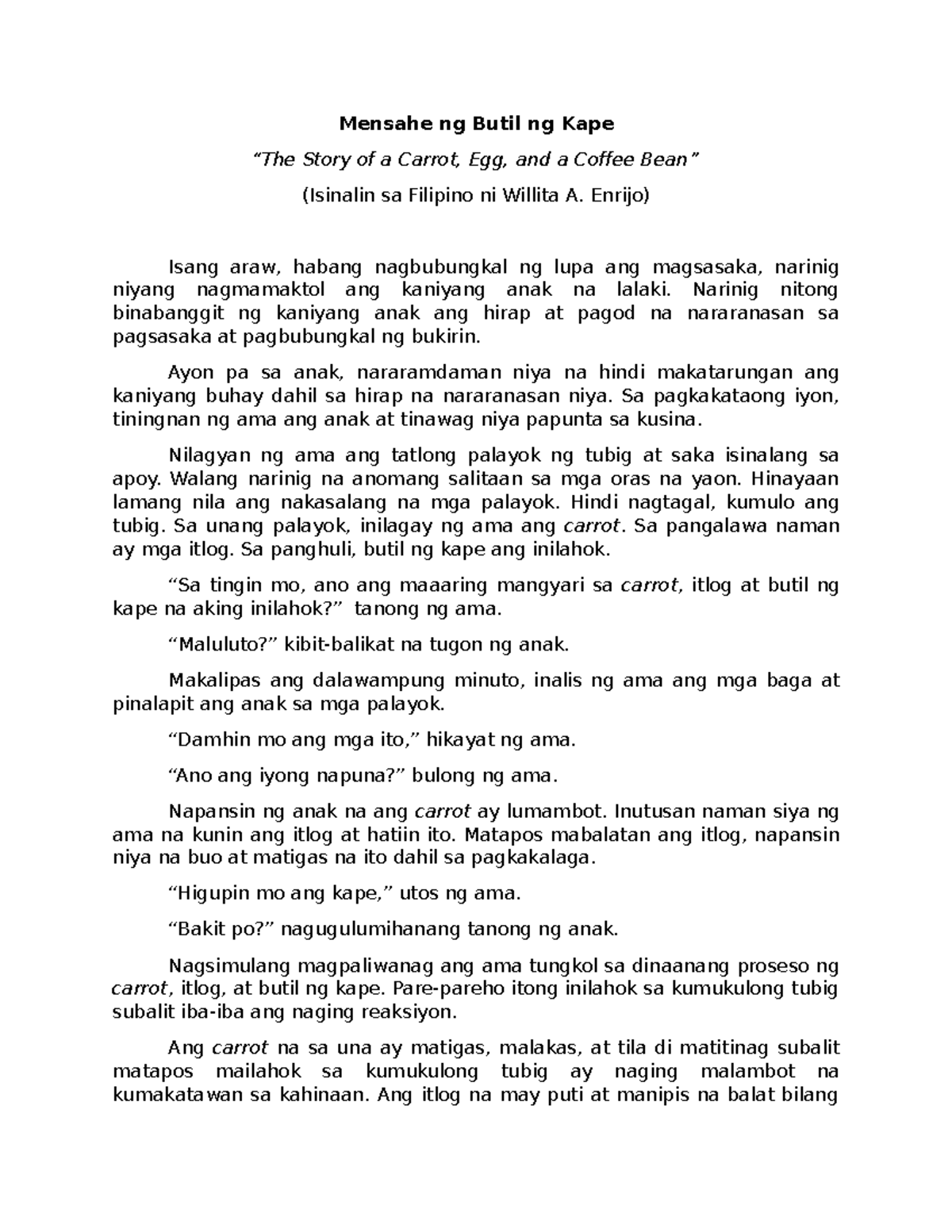 Mensahe ng Butil ng Kape: Pagsusuri ng mga Tungkulin sa Buhay - Studocu