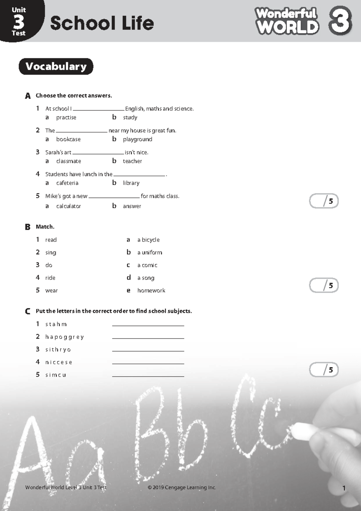 Wonderful World 3 U3 - School Life Vocabulary Test 2019 - Studocu