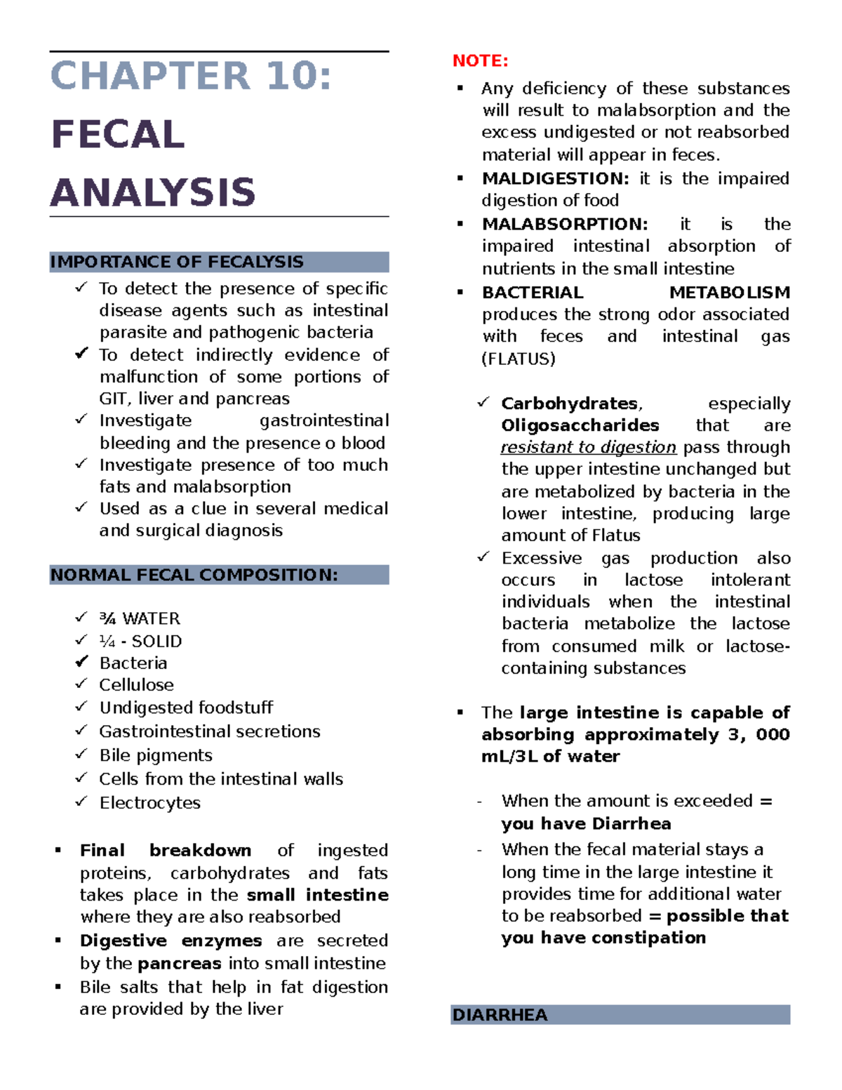Fecal Analysis - Bsmls - CHAPTER 10: FECAL ANALYSIS IMPORTANCE OF ...
