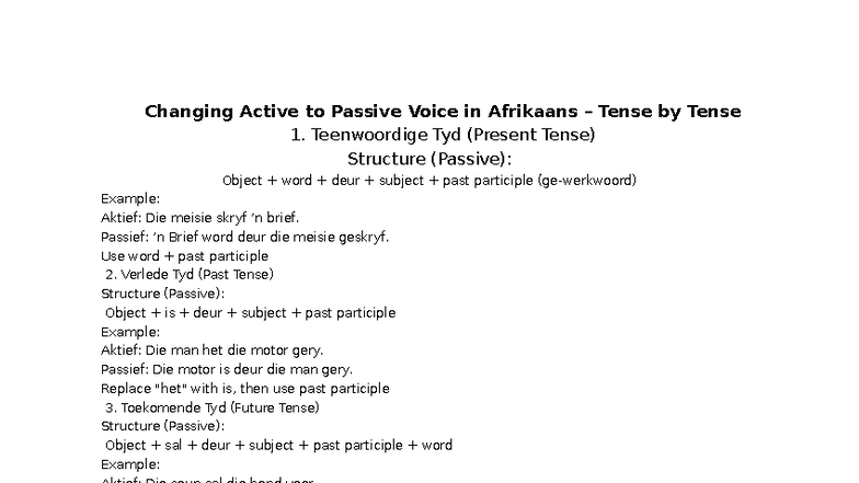 Afrikaans Tense Conversion: Active to Passive Voice Guide - Studocu