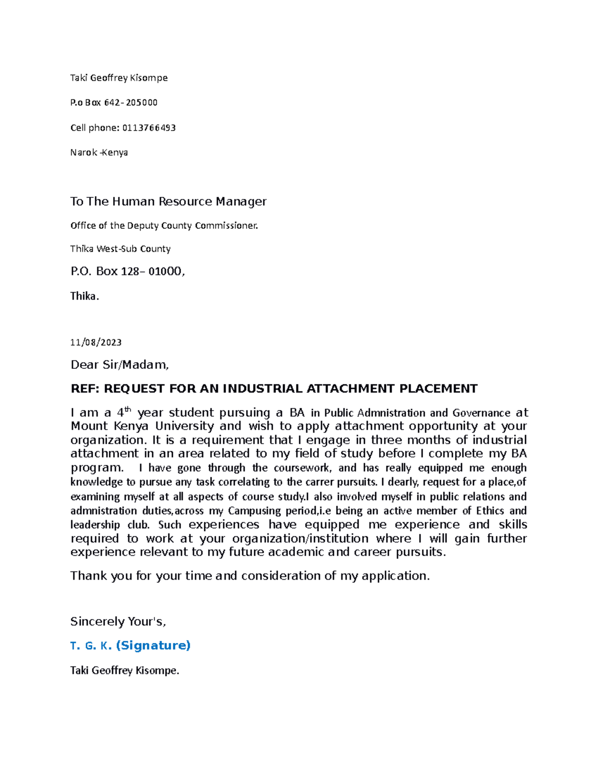 BA Public Administration Industrial Attachment Application Letter - Studocu