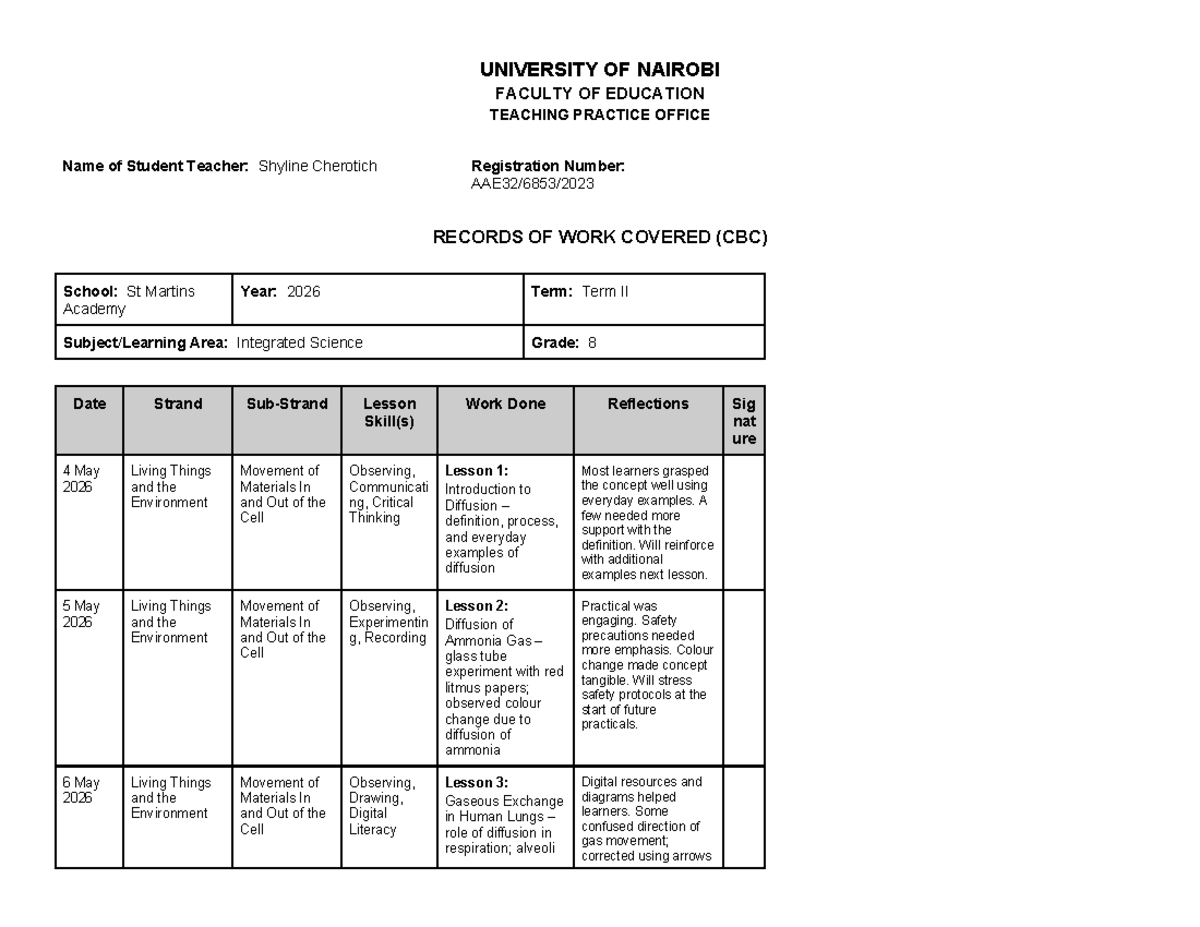 Teaching Practice Records: Integrated Science Grade 8 (Term II ...