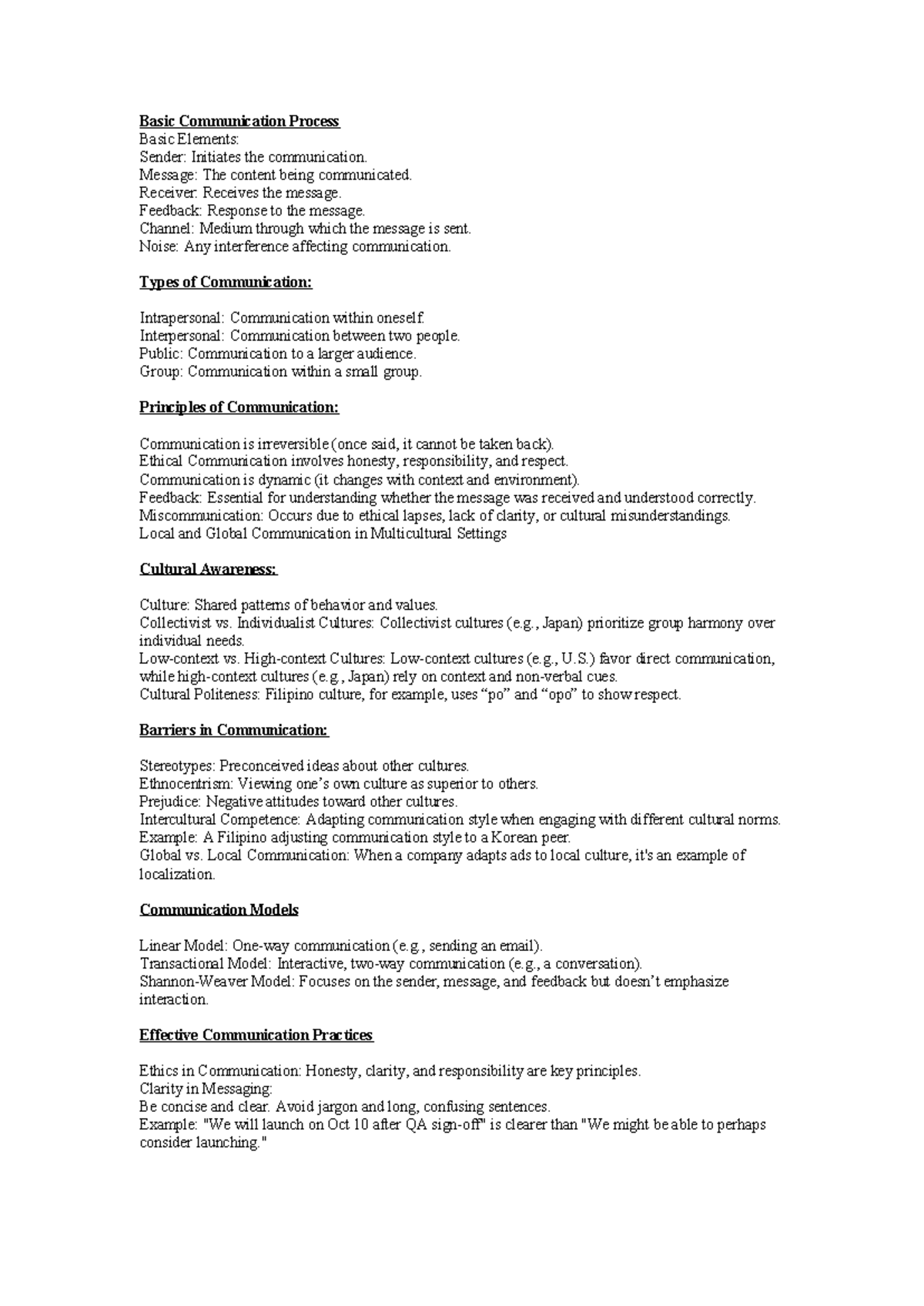 Pointers to Review: Basic Communication Process and Principles - Studocu