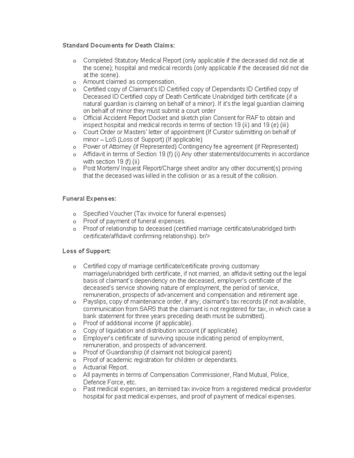 Standard Documents for Death Claims (RAF) - Complete Guide - Studocu