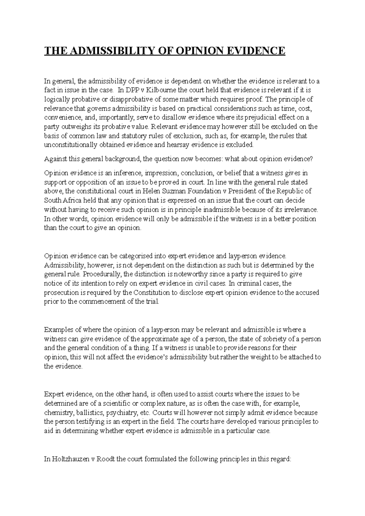 The Admissibility of Opinion Evidence in DPP v Kilbourne - Studocu