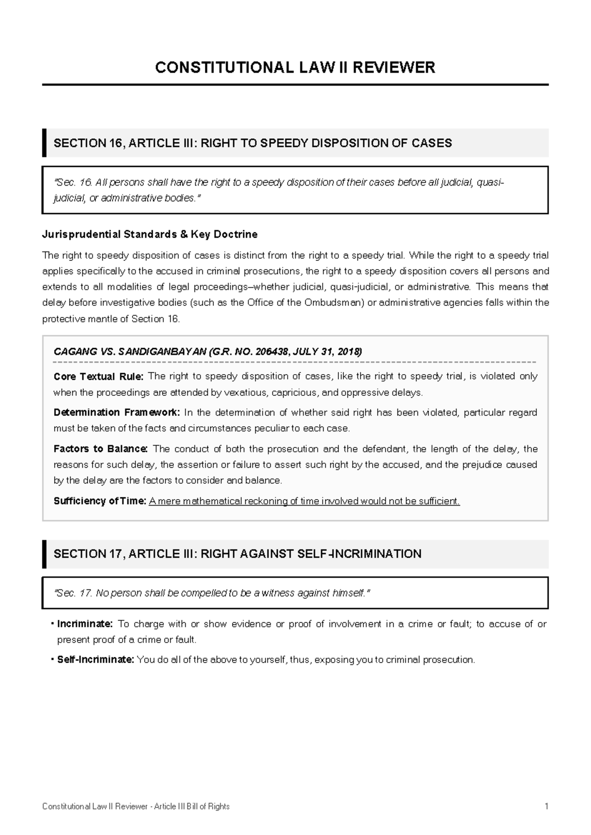 Constitutional Law II Reviewer: Rights to Speedy Disposition & Against ...