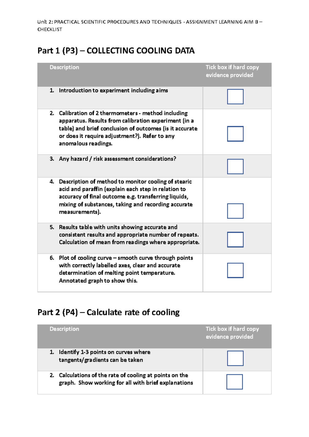 Unit 2: Practical Scientific Procedures & Techniques Assignment Checklist - Studocu