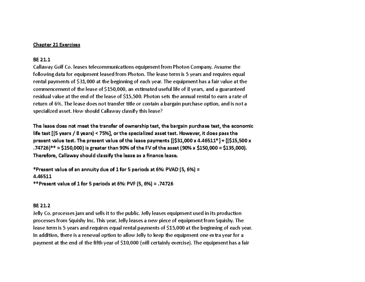 AC204 Chapter 21 Lease Classification Exercises - Studocu