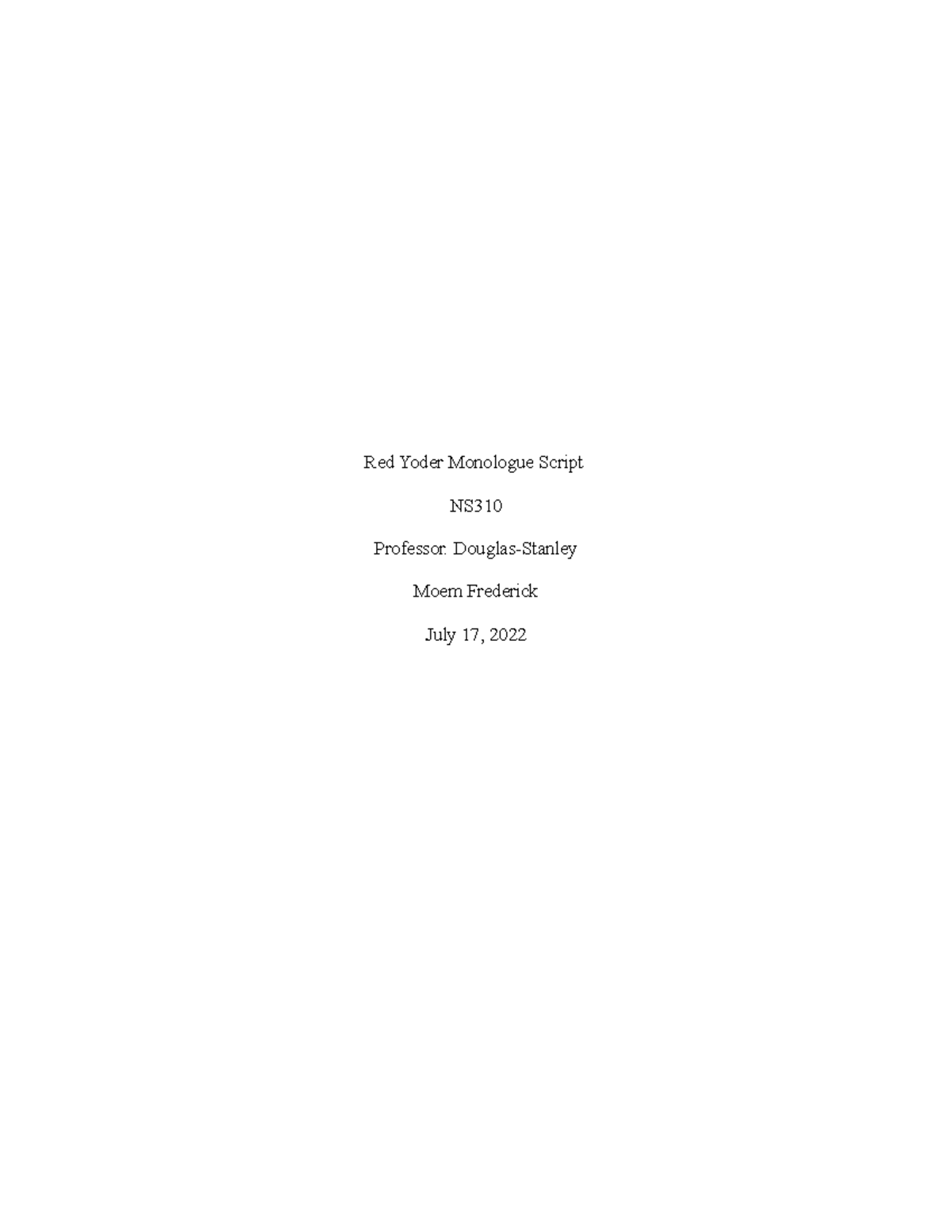 Red Yoder Monologue Script Analysis and Assessment Insights - Studocu
