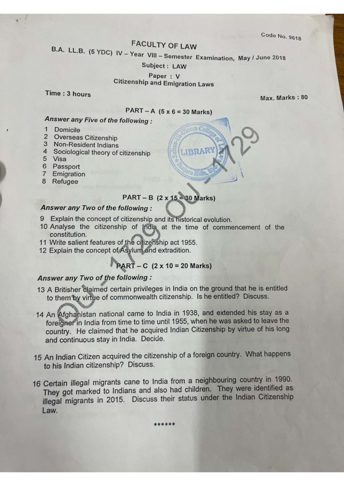 Citizenship and Emigration Laws QP - B.A. LL.B. IV Year Exam Notes ...