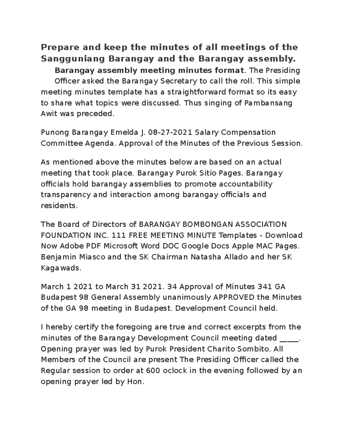 Minutes of Meetings for Sangguniang Barangay Assembly (2021) - Studocu