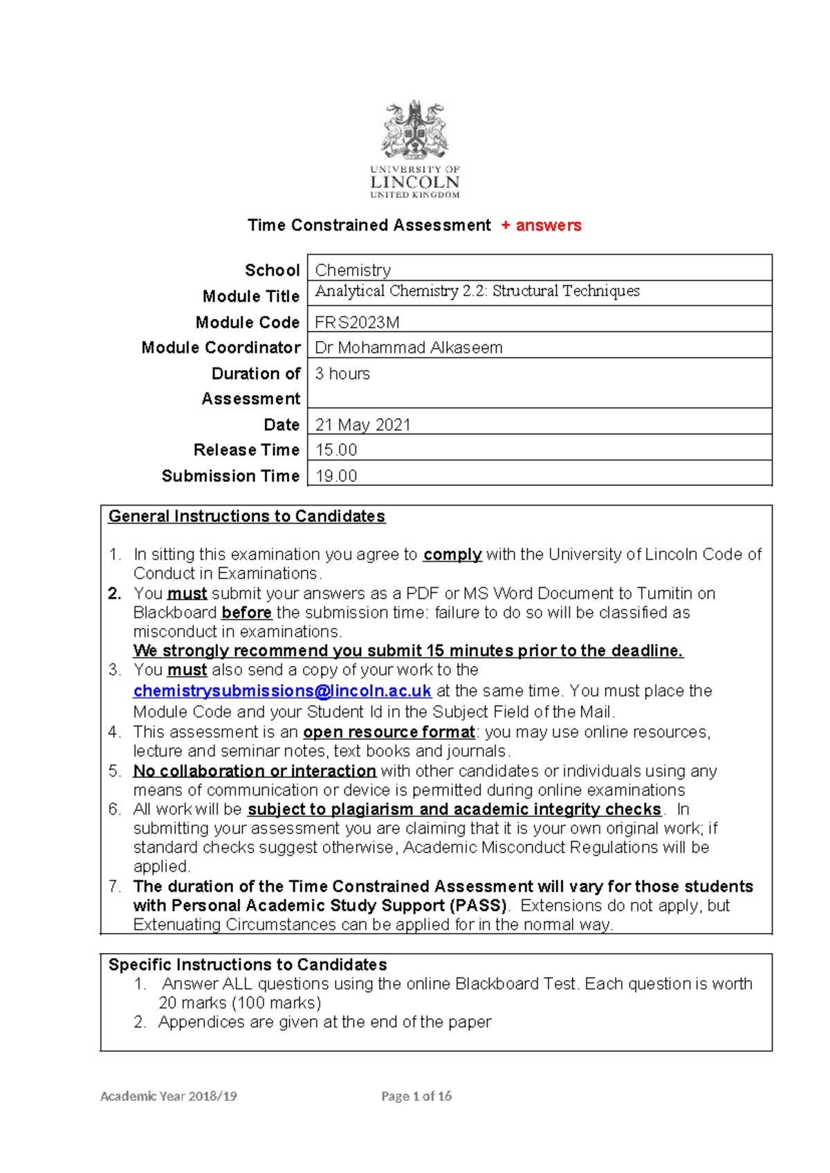 FRS2023M Mock TCA 2020-2021: Analytical Chemistry Answers - Studocu