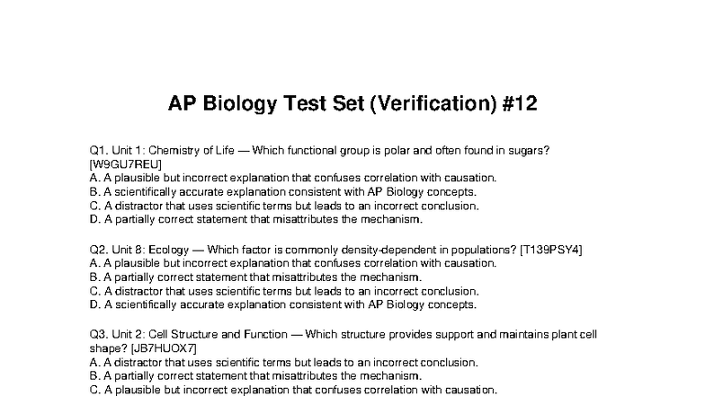 AP Biology Test Set (APBio) - 5 MCQs on Key Concepts - Studocu