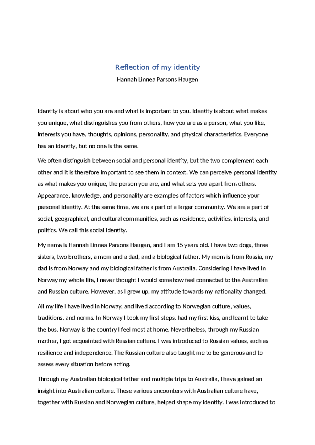 Identity reflection- Hannah Haugen - Reflection of my identity Hannah ...