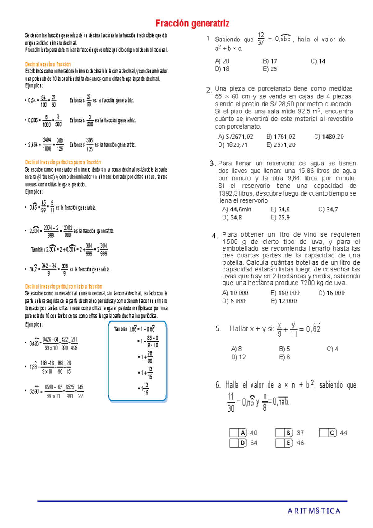 Fracción Generatriz: Ejercicios y Procedimientos - 3ro Martes 14 - Studocu