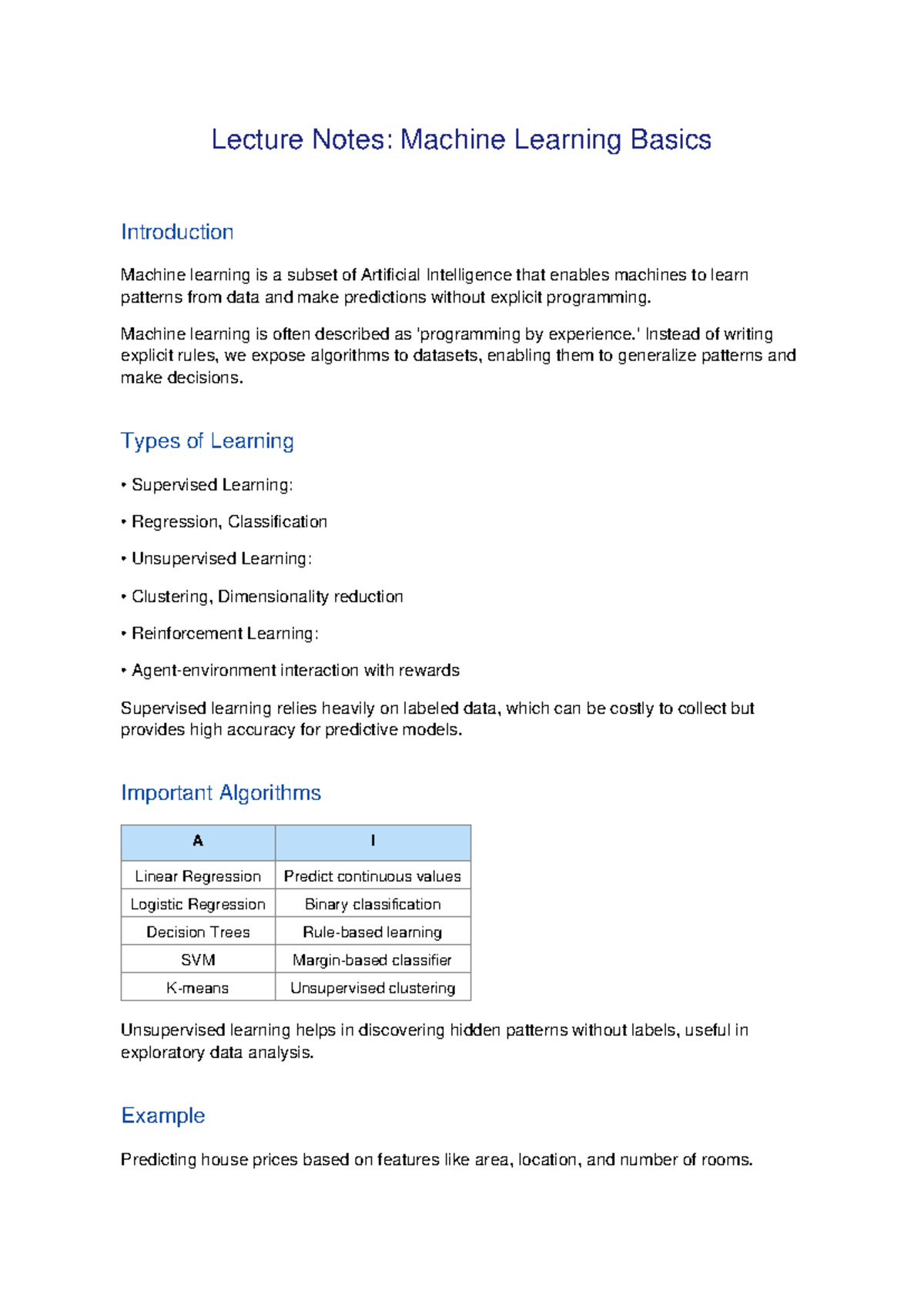 Lecture Notes: ML Basics (CS101) - Introduction to Learning Types - Studocu