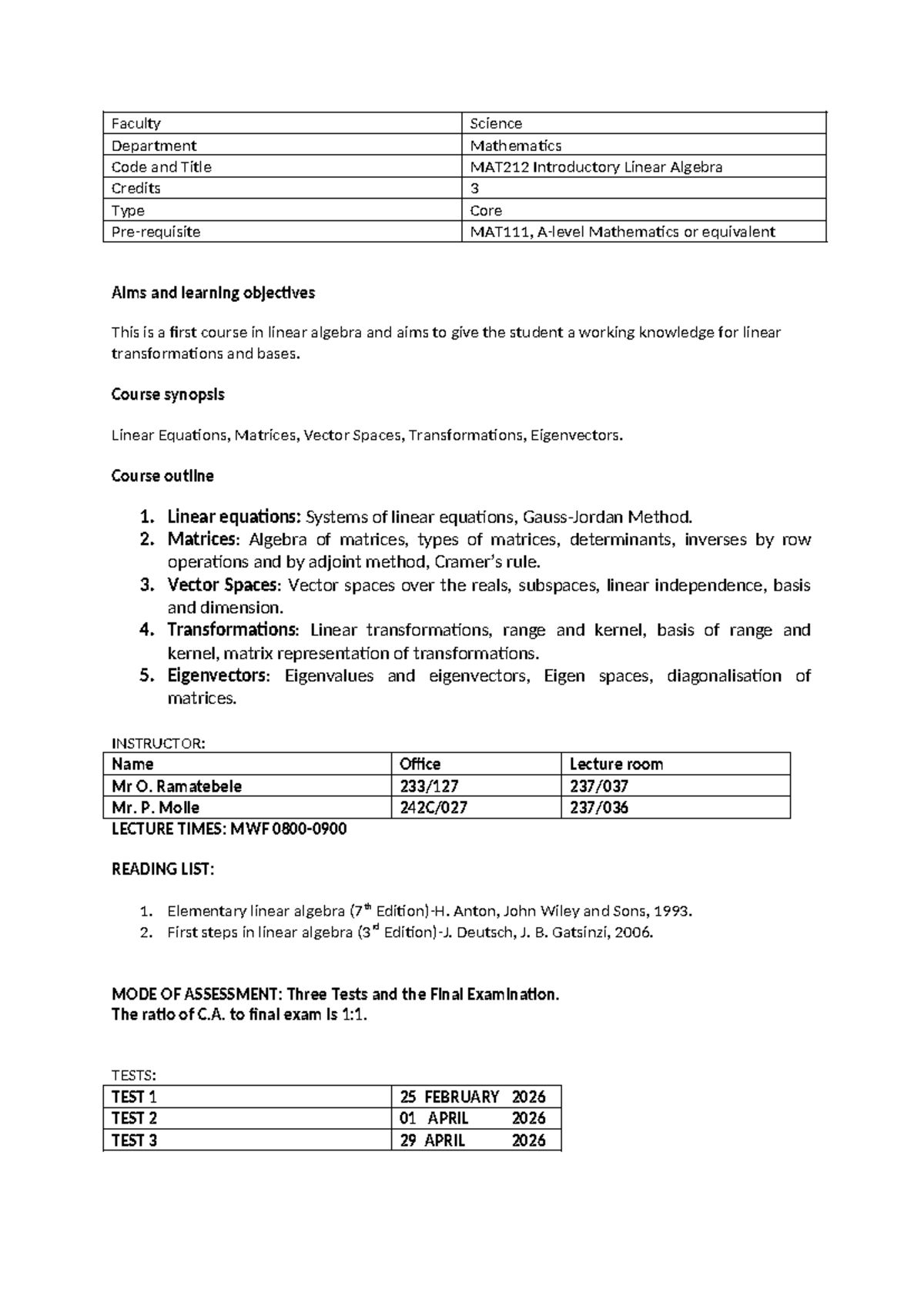 2026 MAT212 Introductory Linear Algebra Course Outline - Studocu