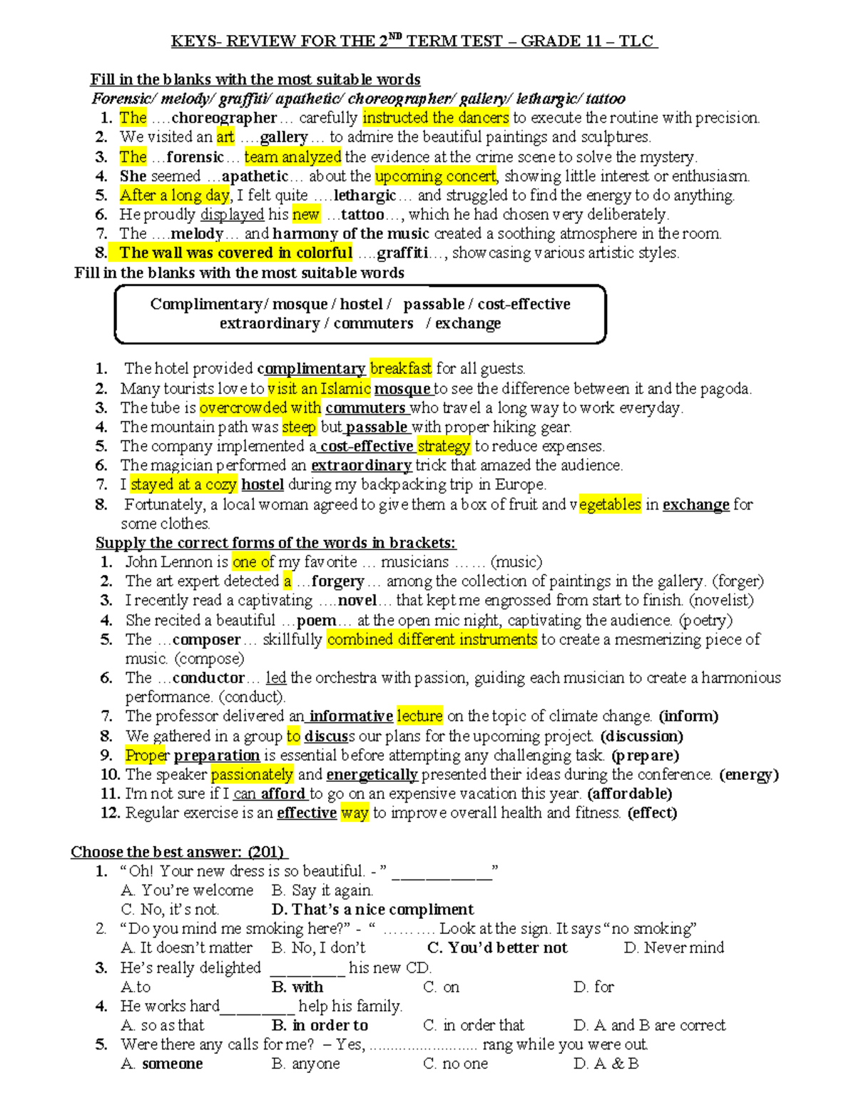 KEYS-11 - Review for 2nd Term Test - Grade 11 TLC - Studocu