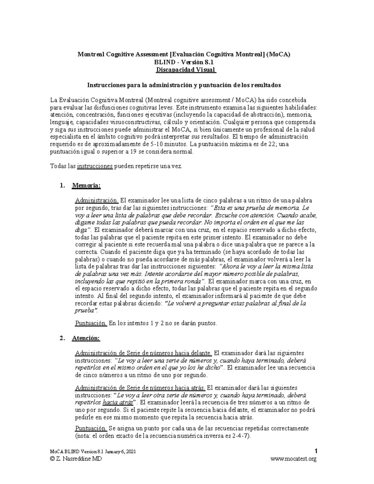 Instrucciones y Puntuación del MoCA BLIND v8.1 en Español - Studocu