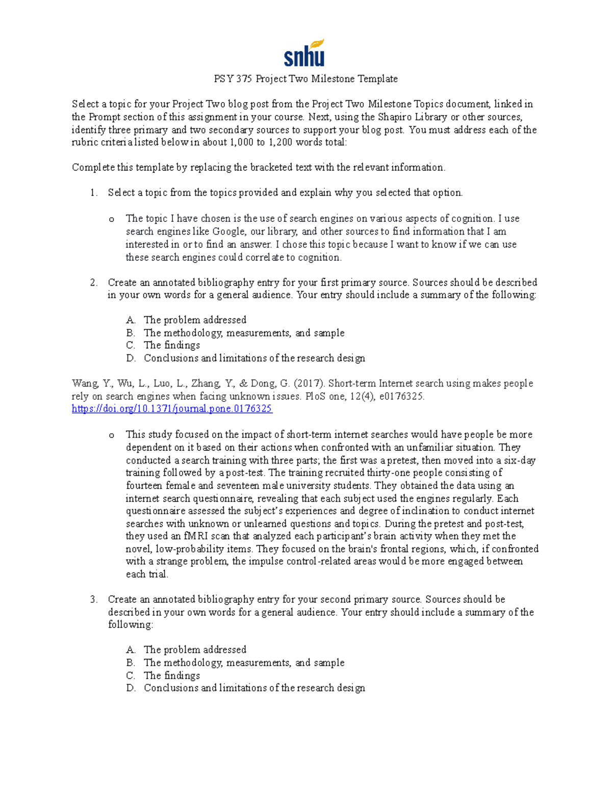 PSY 375 Project Two Milestone - Next, using the Shapiro Library or ...