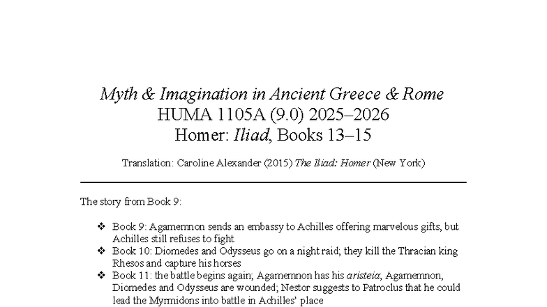 Notes on Iliad Books 13-15 HUMA 1105A (9.0) - Studocu