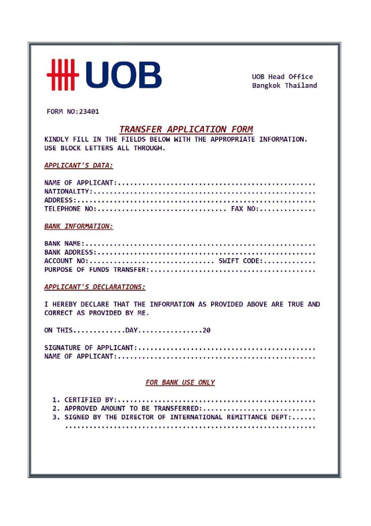 Transfer FORM - excelente - UOB UOB Head Office Bangkok Thailand FORM ...