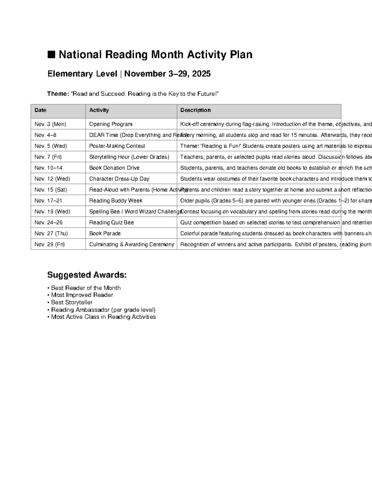 National Reading Month Activity Plan (Elem) - Nov 2025 - Studocu