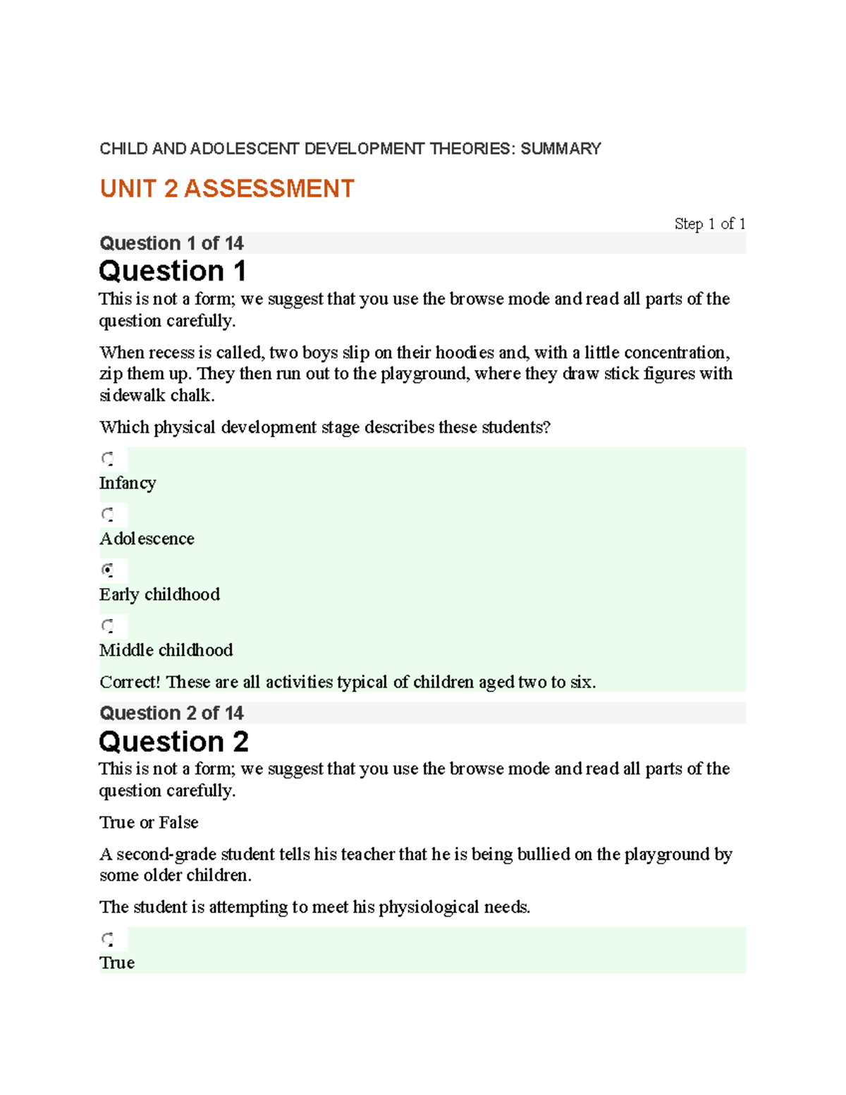 Unit 2 Quizz - Test - CHILD AND ADOLESCENT DEVELOPMENT THEORIES ...