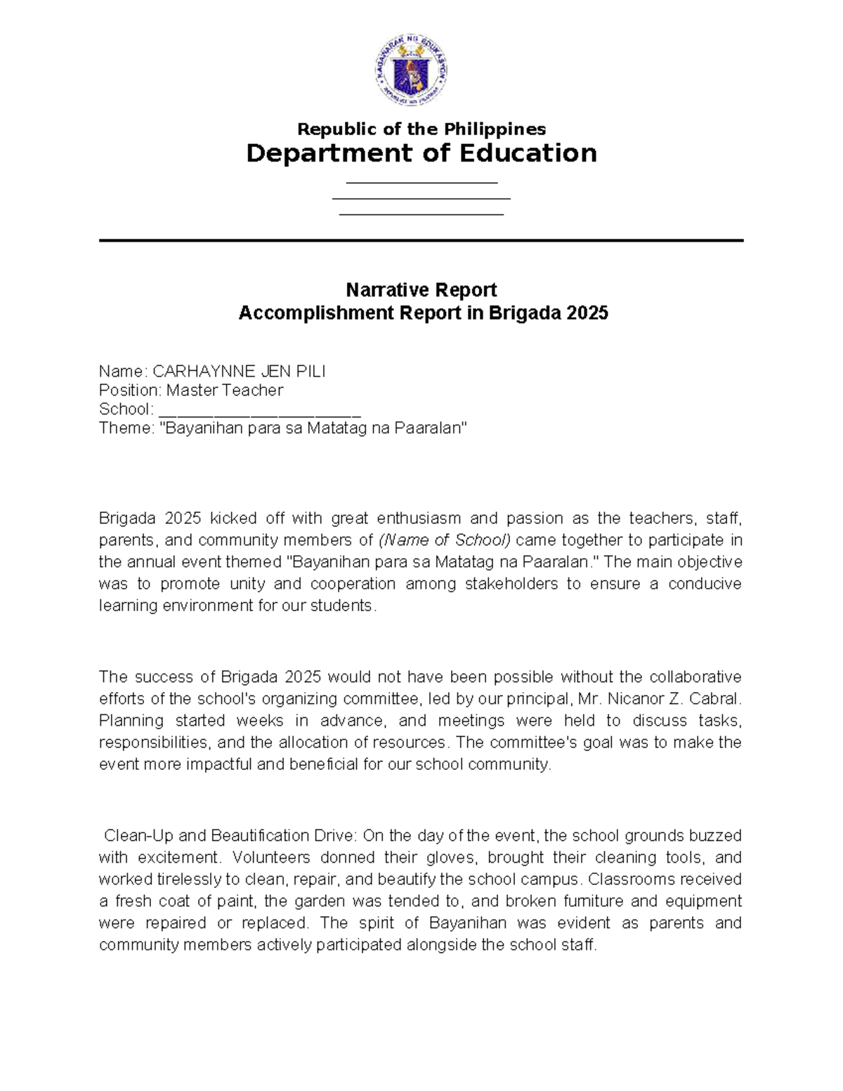 2025 BE Narrative & Accomplishment Report: Brigada 2025 Success - Studocu