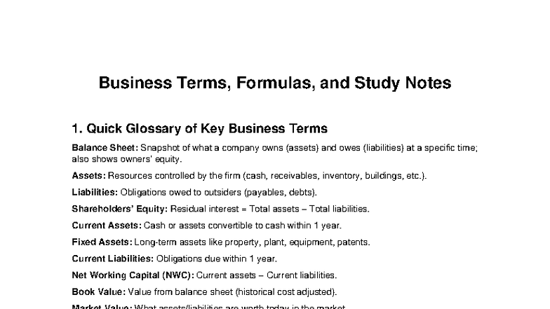 Business Terms and Formulas Notes for Quick Reference - Studocu
