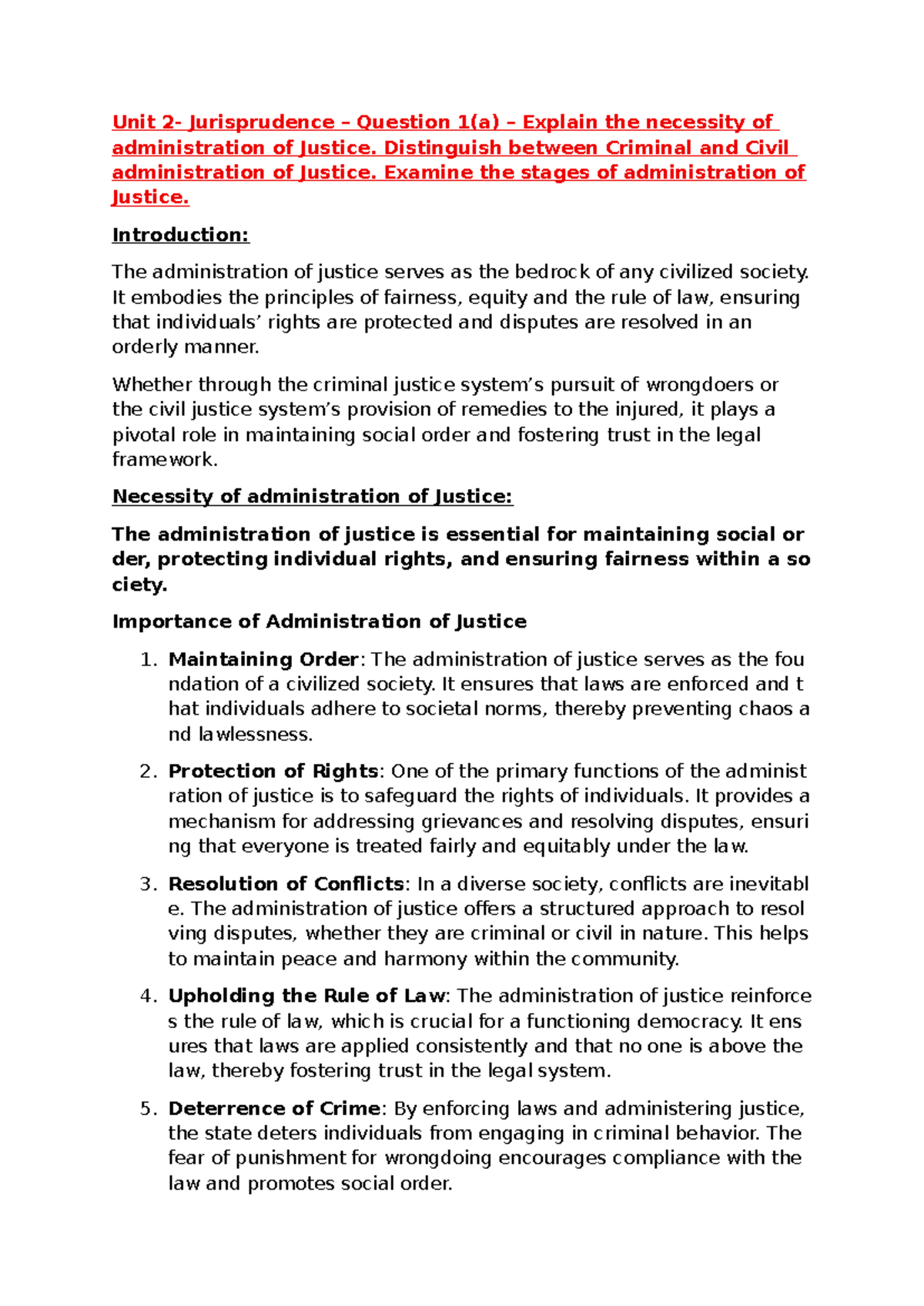 Unit 2 - Necessity of Justice Admin: Criminal vs Civil Systems - Studocu