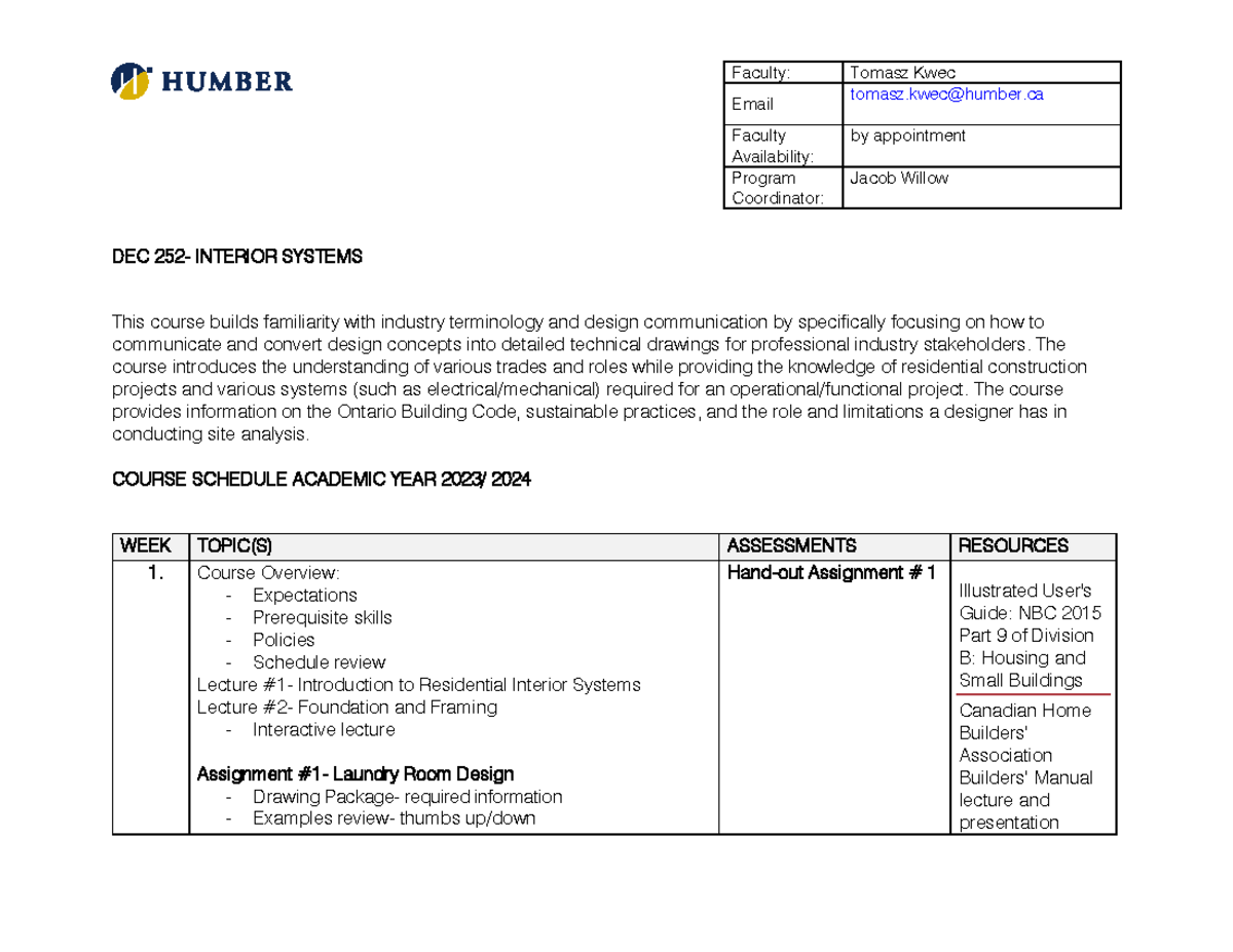 Interior Systems Syllabus - DEC 252- INTERIOR SYSTEMS This course ...