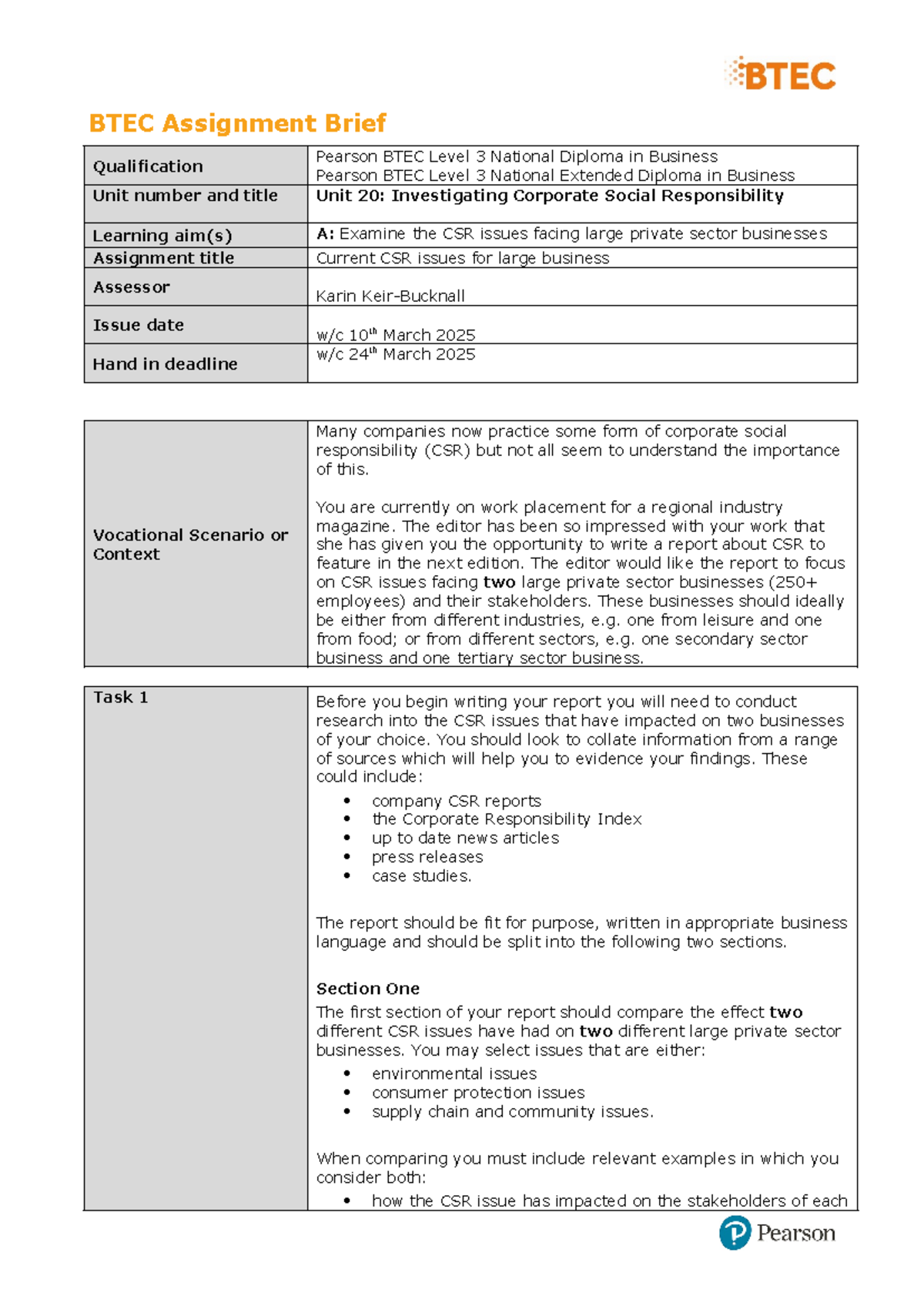 Unit 20 - Task 1 - Aim A - BTEC CSR - BTEC Assignment Brief ...