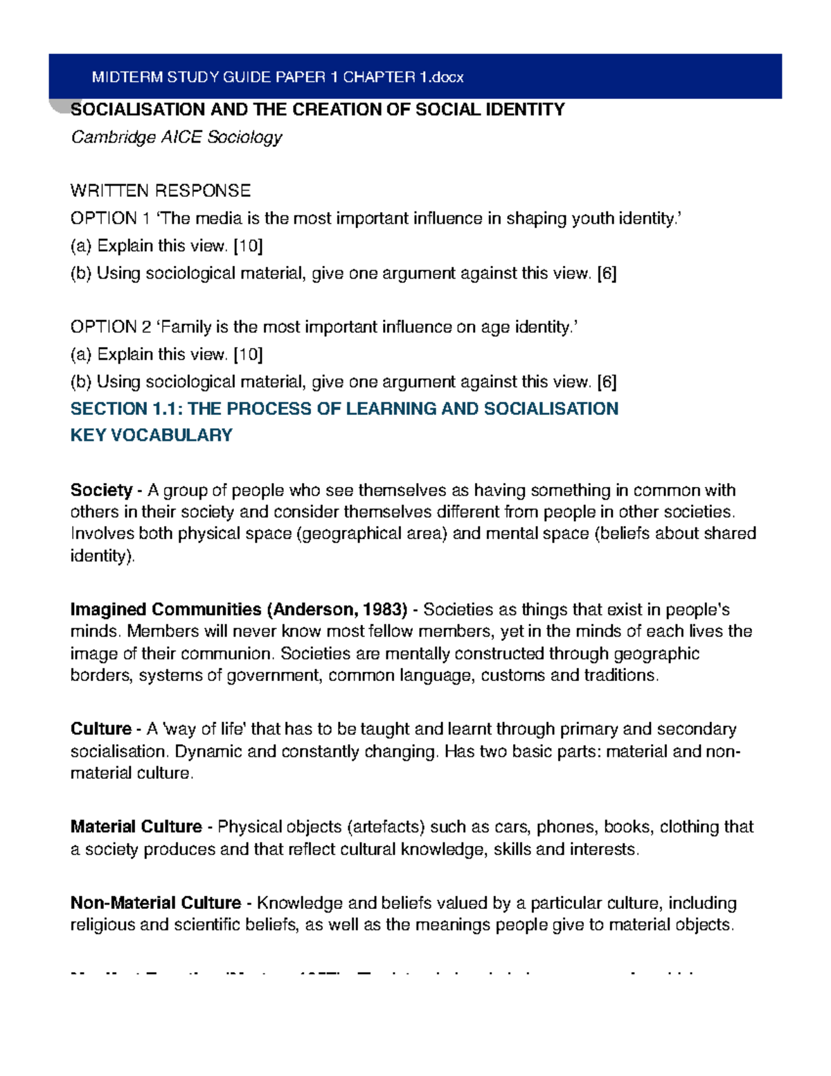 Cambridge AICE Sociology Midterm Study Guide - Social Identity - Studocu