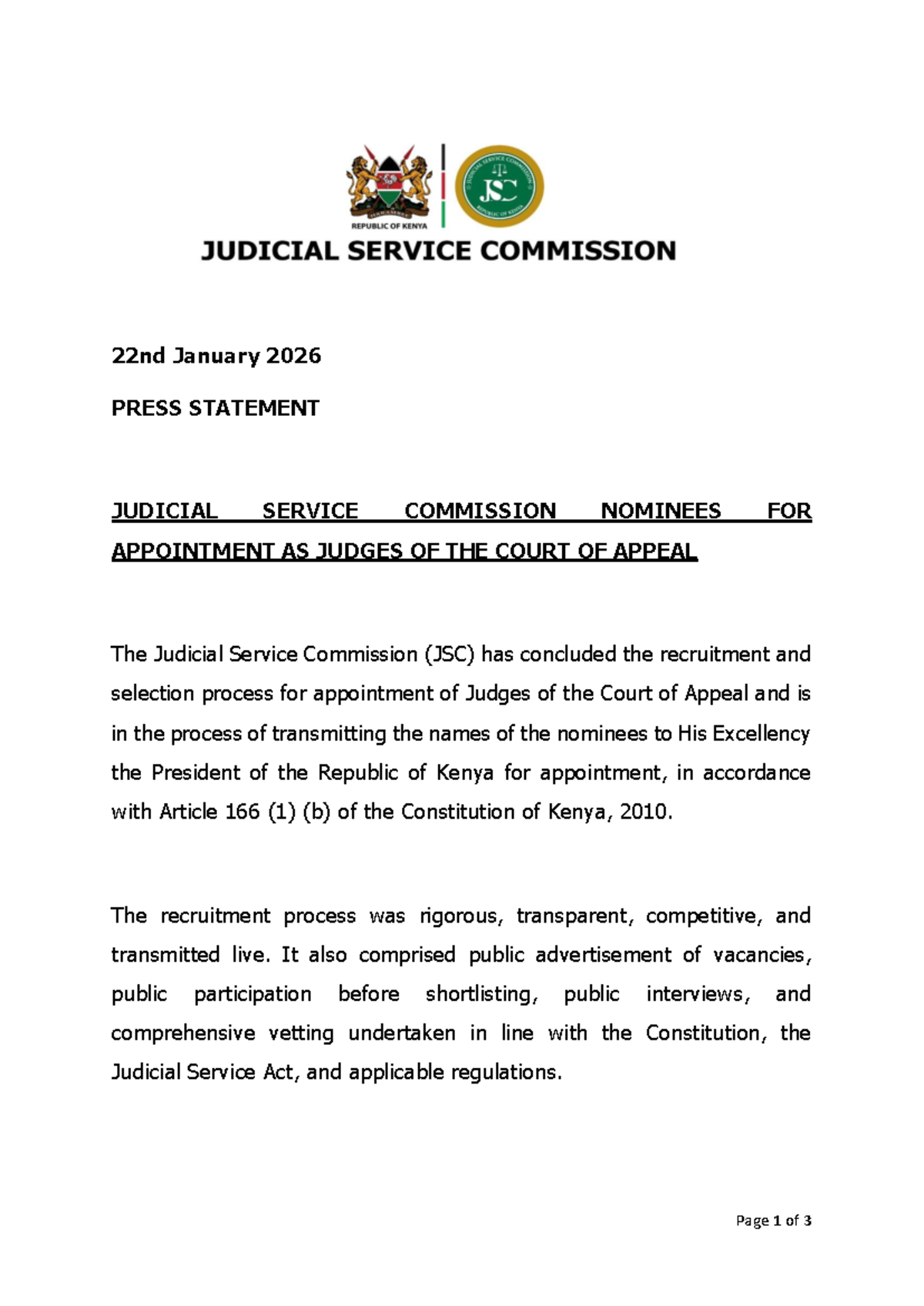 JSC Nominees for Judges of the Court of Appeal - Press Statement - Studocu