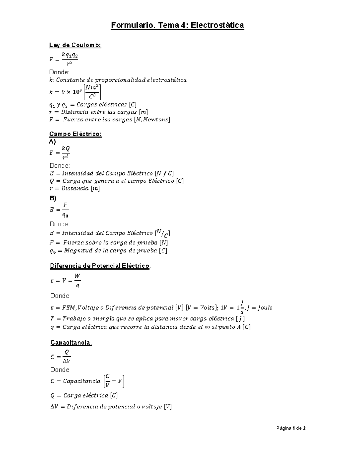 Formulario Tema 4: Electrostática - Leyes y Ecuaciones Clave - Studocu