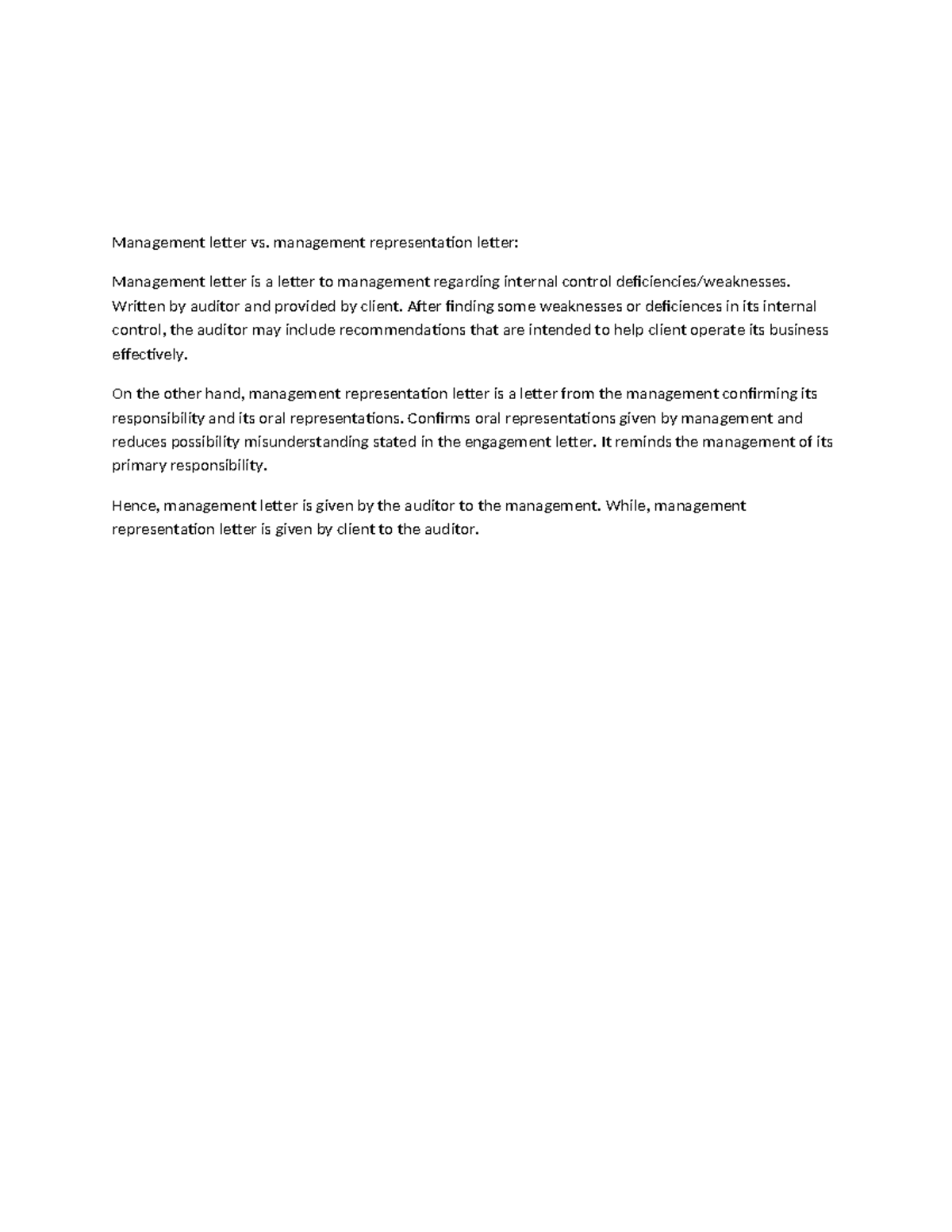 Comparative Analysis of Management & Representation Letters - Studocu
