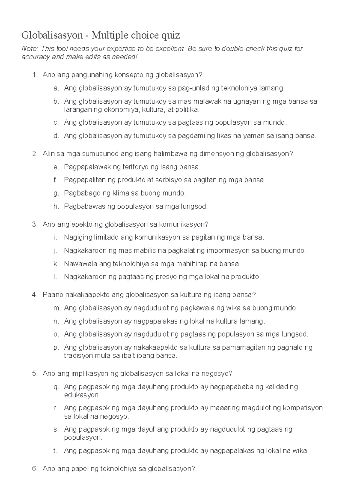 Globalisasyon - Multiple Choice Quiz (MCQ) - Studocu