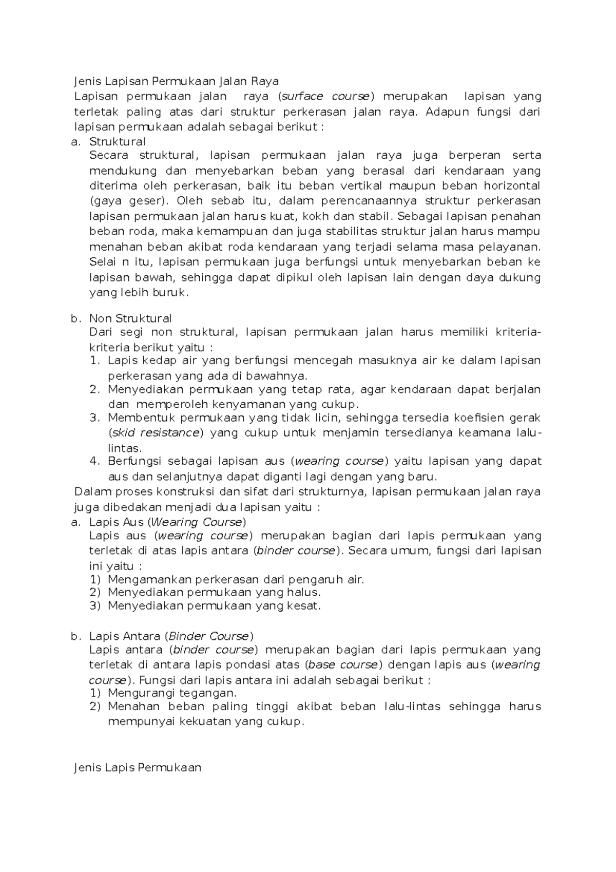 Jenis Lapisan Permukaan Jalan Raya dan Fungsinya - Studocu