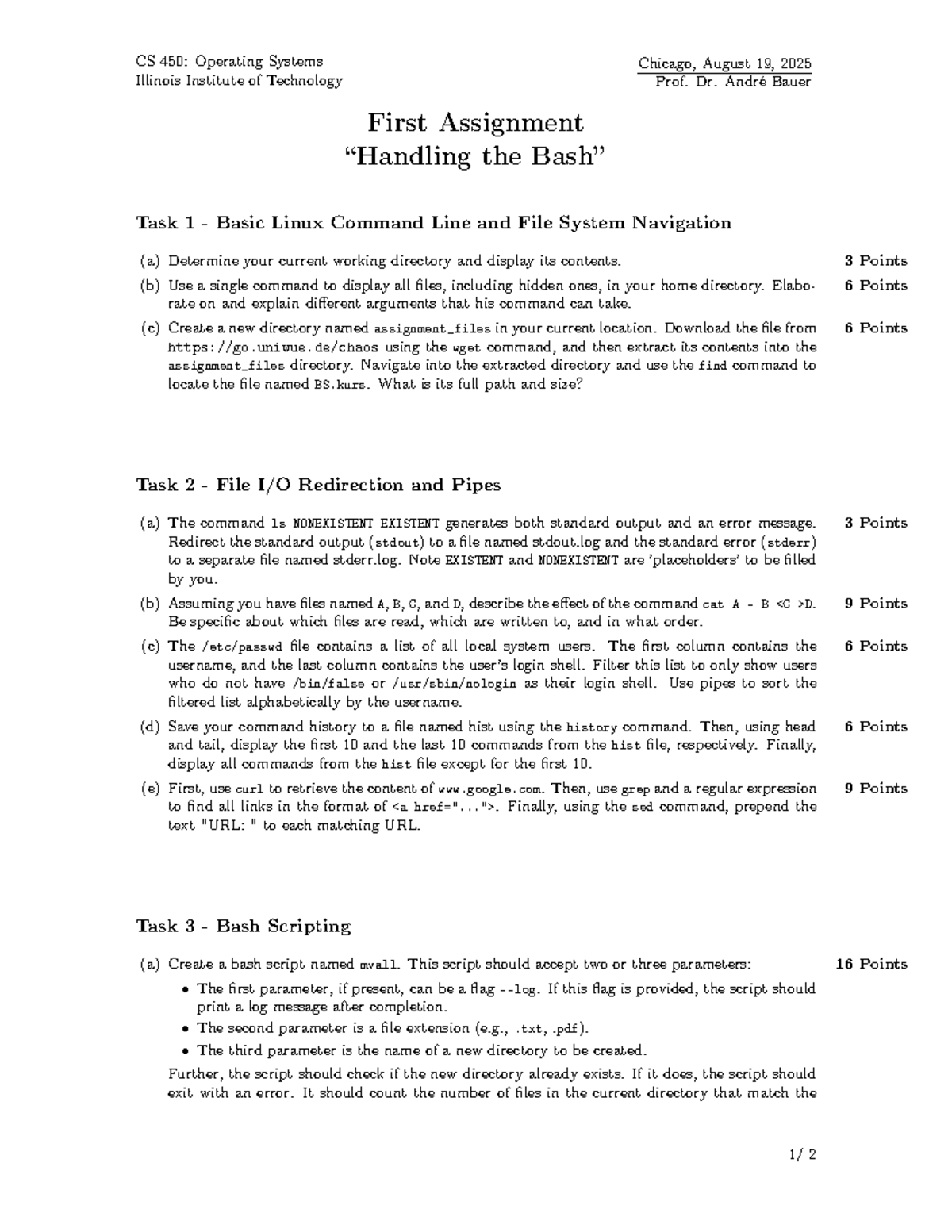 CS 450: Operating Systems - Homework 1 on Linux Commands and Scripting - Studocu