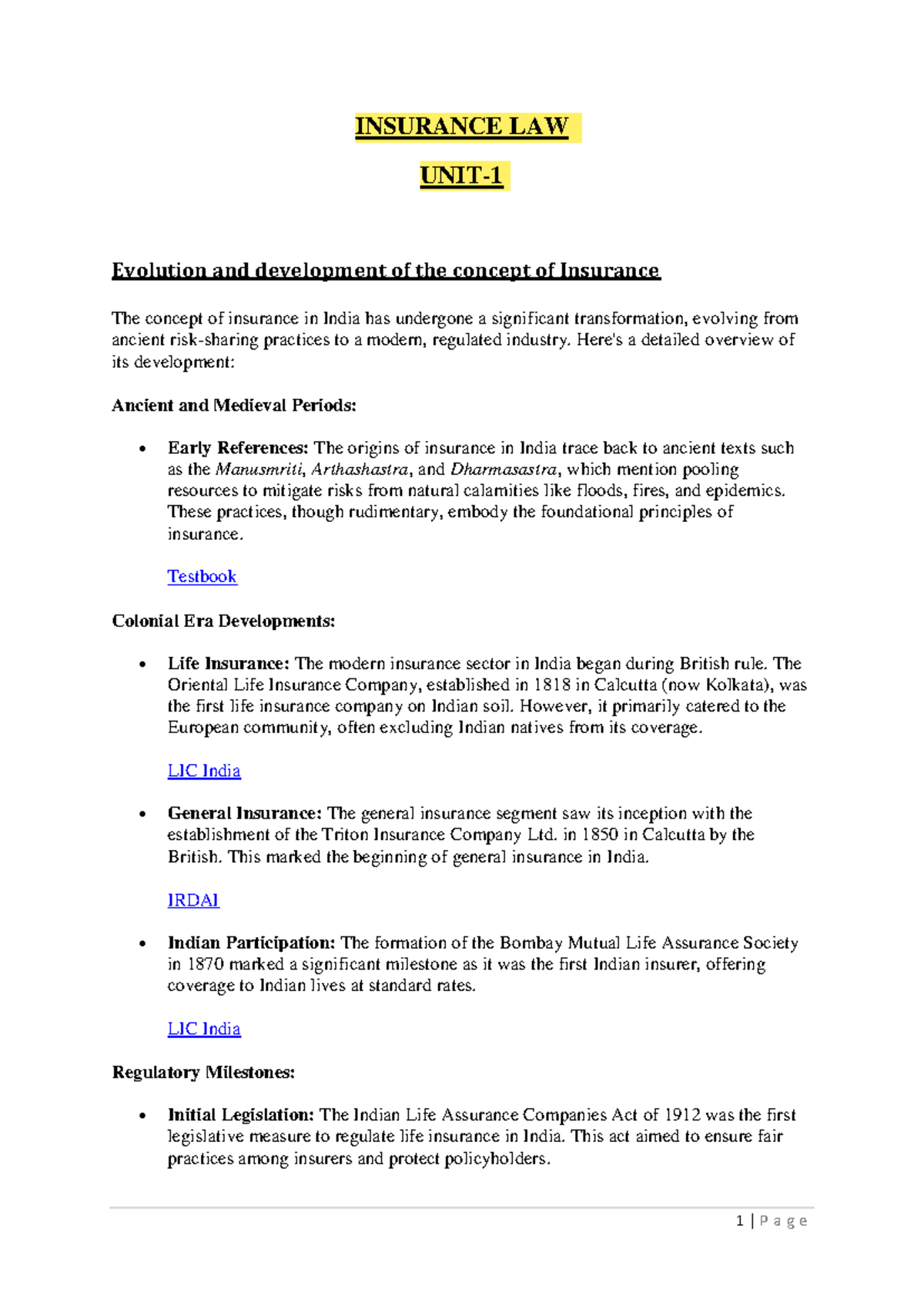 Insurance Law: Evolution, Principles, and Policy Classifications (Unit ...