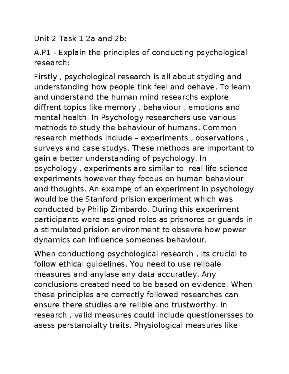 Unit 2 Task 1: Exploring Psychological Research Principles and Process ...