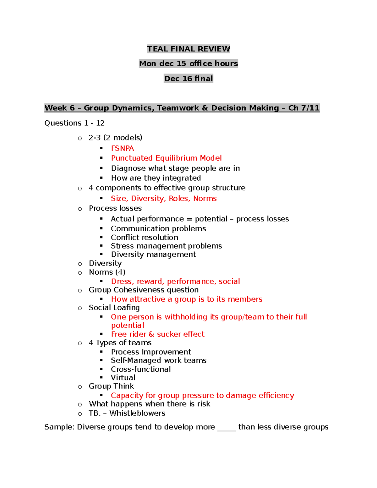 TEAL Final Review: Group Dynamics, Teamwork & Decision Making - Studocu