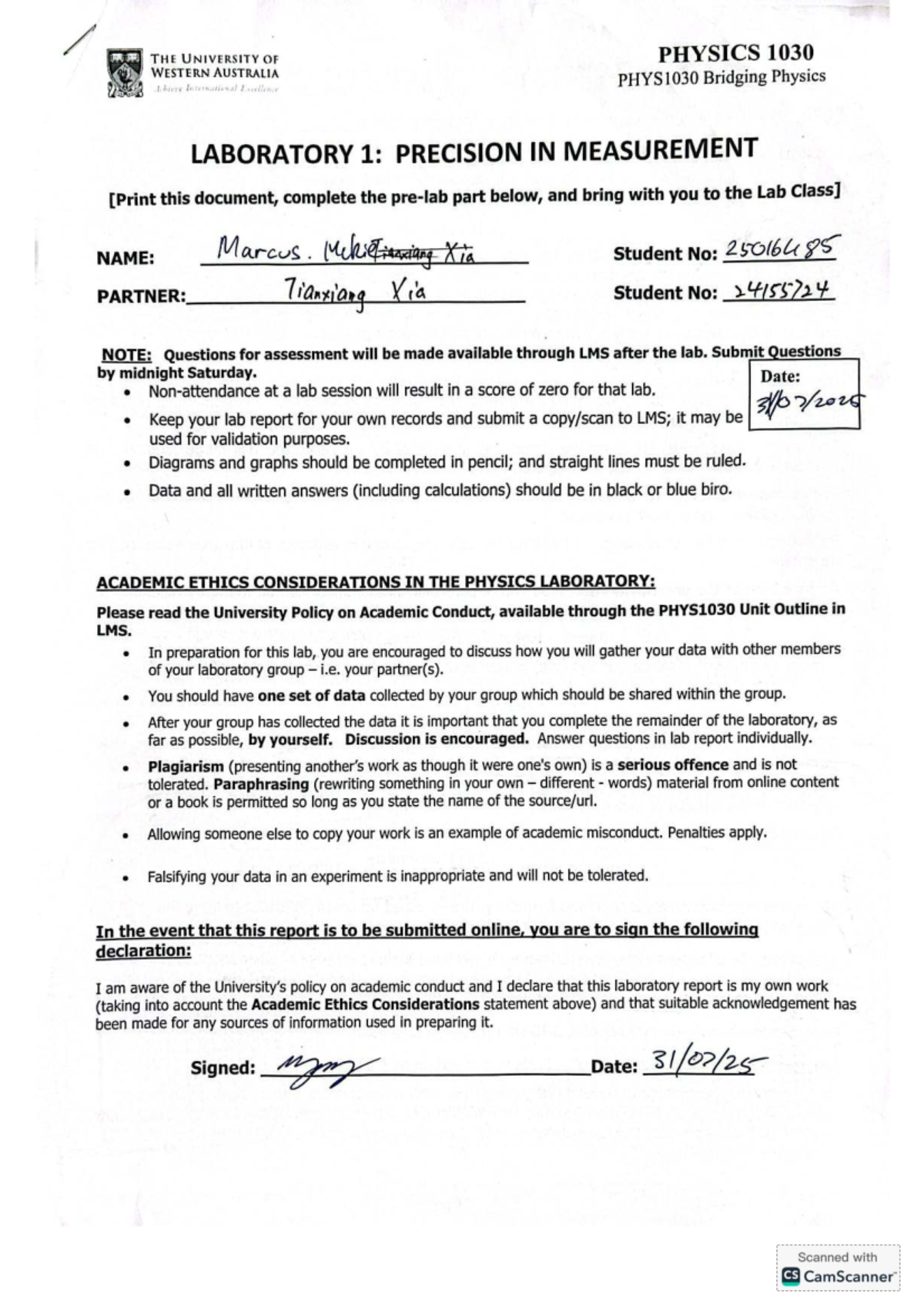 PHYS1030 Lab Report: Precision in Measurement - Laboratory 1 - Studocu