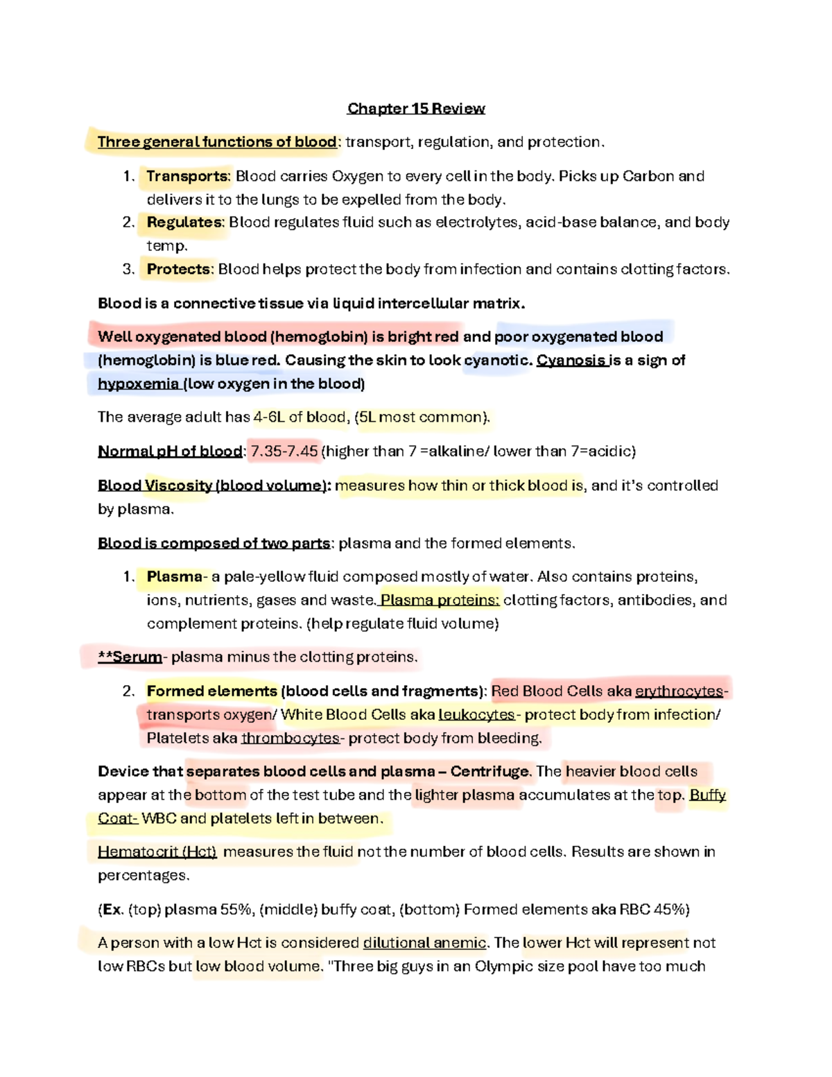 A&P1 Chapter 15 Review: Functions and Composition of Blood - Studocu